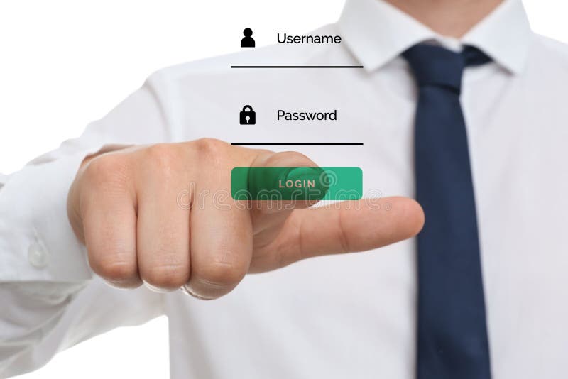 Illustration of Authorization Interface and Man Pressing Button LOGIN ...