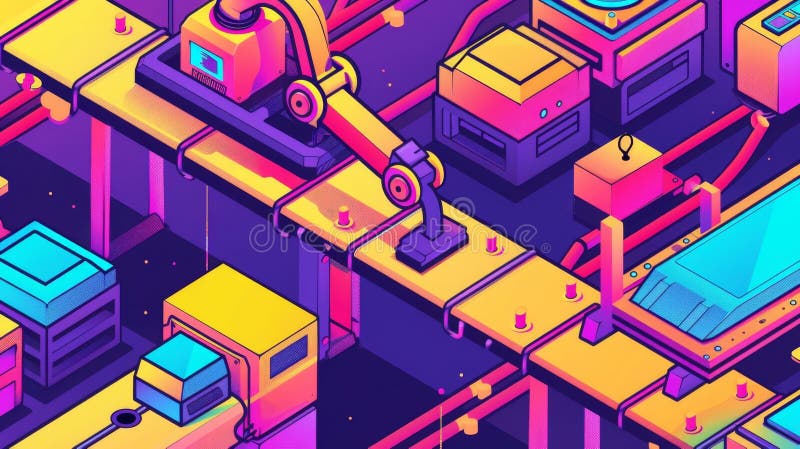 3 Illustration Of An Automated Assembly Line Icon With A Colorful