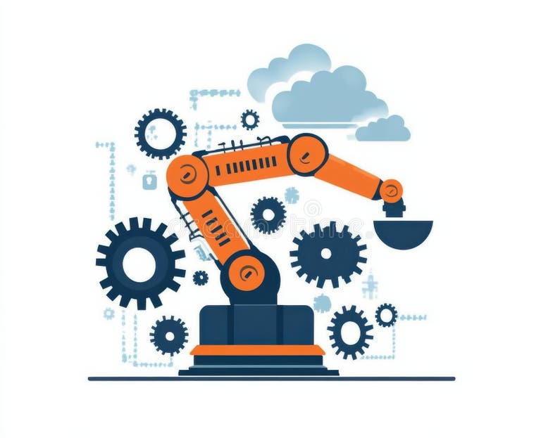 Illustration of an Automated Robotic Arm and Gears with Cloud Graphics ...