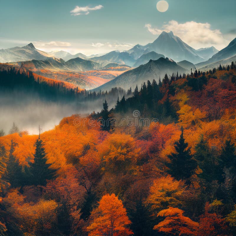 Autumn Forest in the Mountains Stock Illustration - Illustration of ...