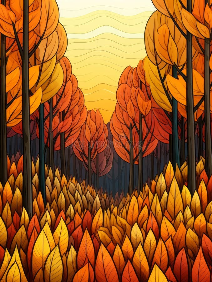 An Illustration of an Autumn Forest with Orange and Yellow Leaves Stock ...