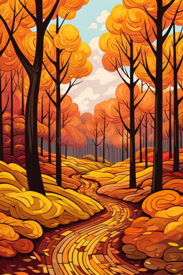 An Illustration of an Autumn Forest with a Path Stock Illustration ...