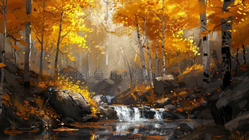 Illustration of an Autumn Forest with Yellow Trees, Rocks and Stream ...