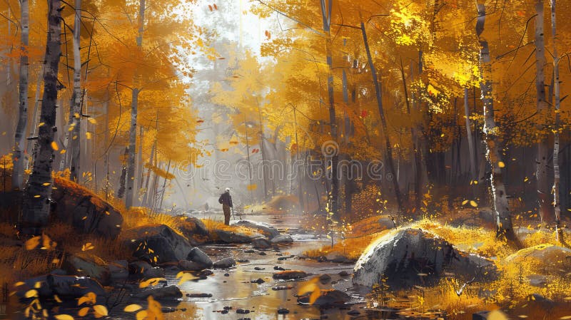 Illustration of an Autumn Forest with Yellow Trees, Rocks and Stream ...