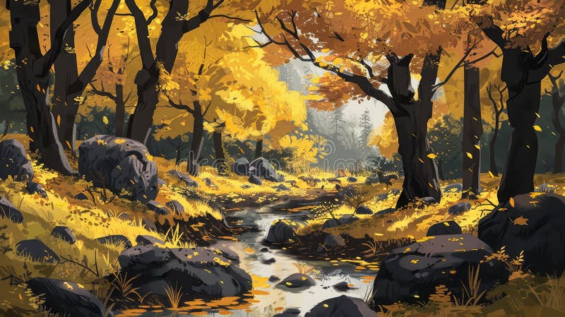 Illustration of an Autumn Forest with Yellow Trees, Rocks and Stream ...