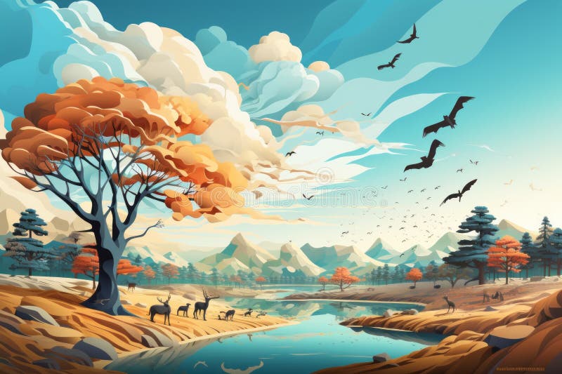 An Illustration of an Autumn Landscape with Trees and Birds Stock ...