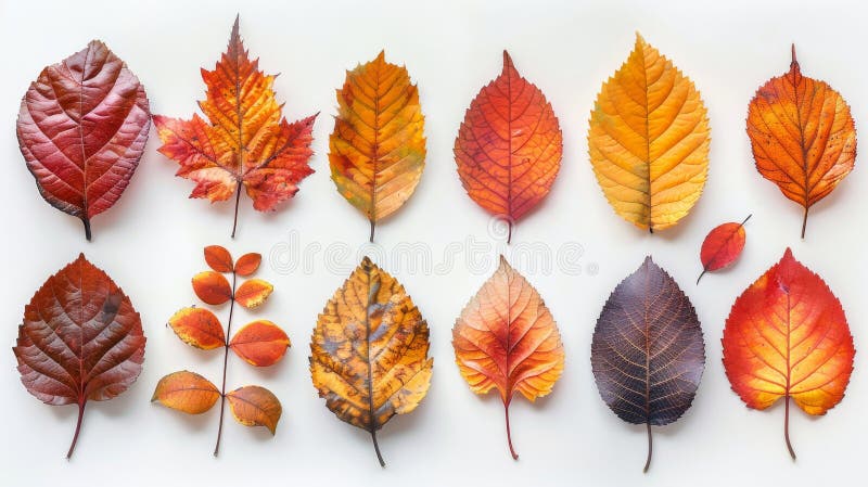 Illustration of Autumn Leaves in Different Shapes and Colors on a White ...