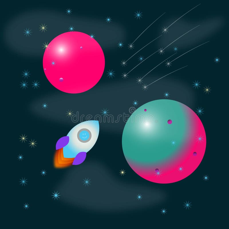 Illustration Av En Raketer Och Planeter I Rymden Stock Illustrationer ...