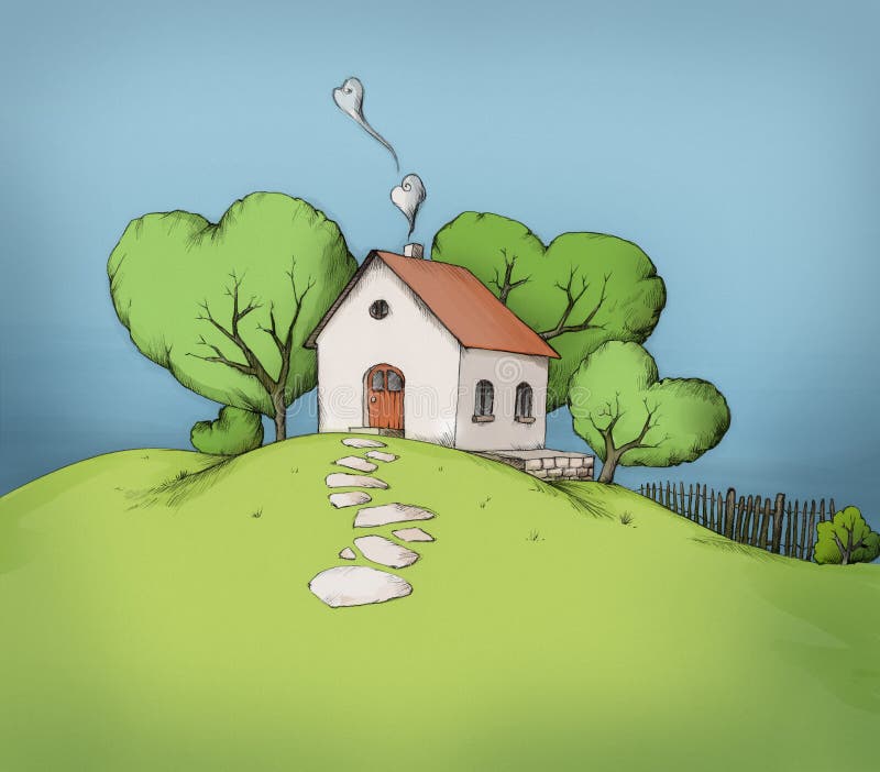 Illustration Av Ett Hus På En Kulle Stock Illustrationer - Illustration ...