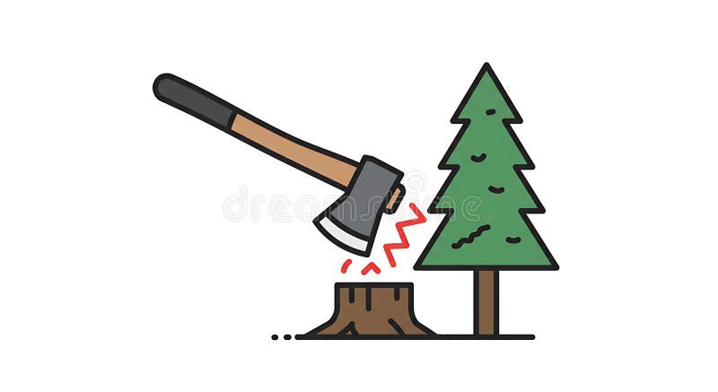Illustration of an Axe Striking a Tree Stump with a Nearby Green Pine ...