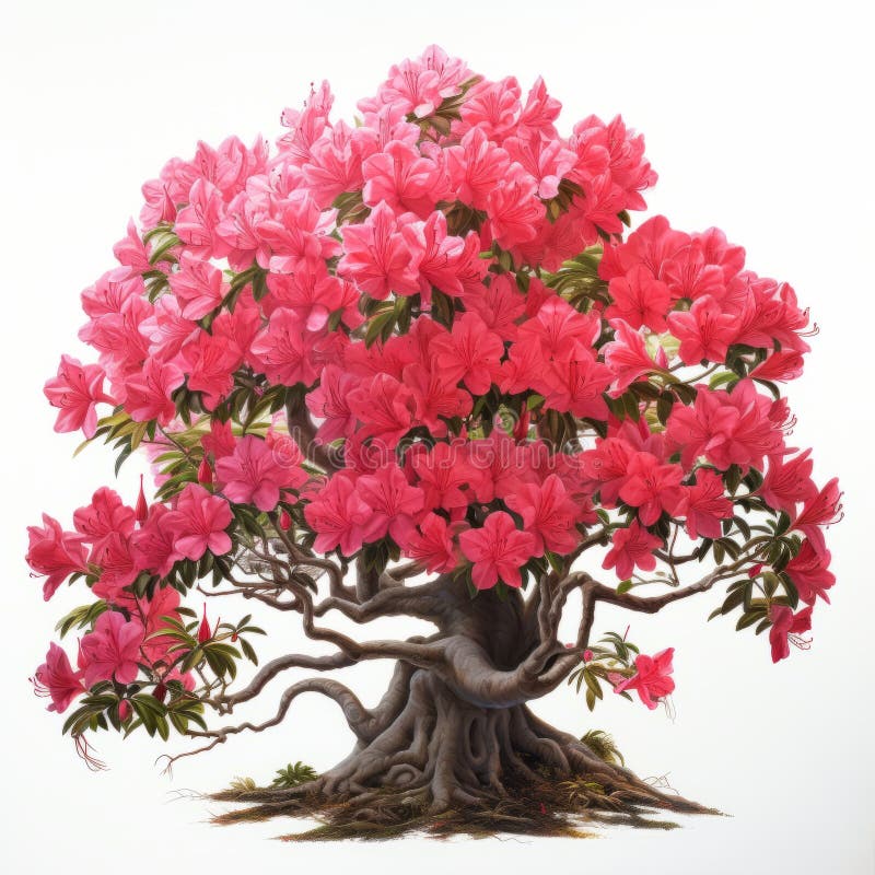 Realistic Painting of Pink Azalea Tree on White Background Stock ...