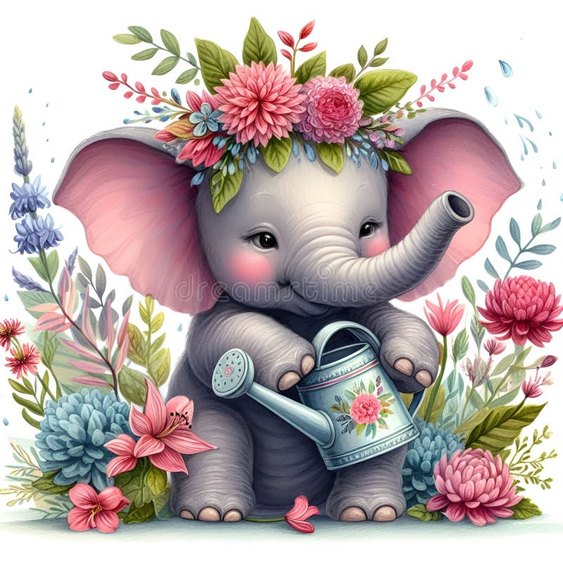 Baby Elephant Holding a Tiny Basket of Flowers in Its Trunk Stock ...