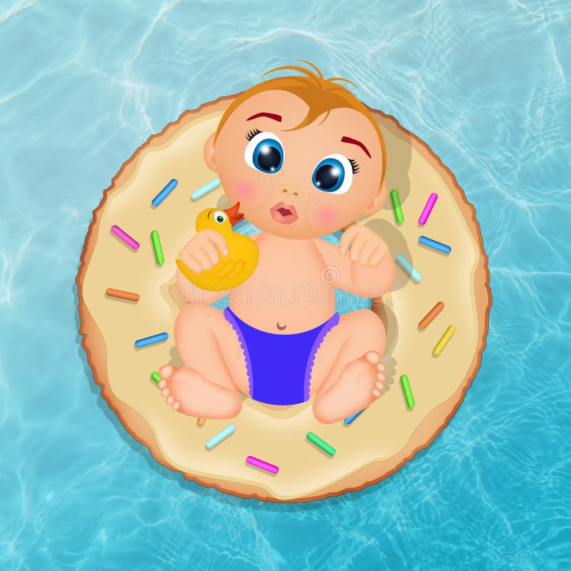 Baby on Inflatable Mattress in the Shape of a Donut Stock Illustration ...