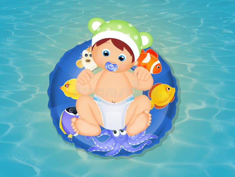 Baby in the lifebuoy stock illustration. Illustration of summer - 138336190