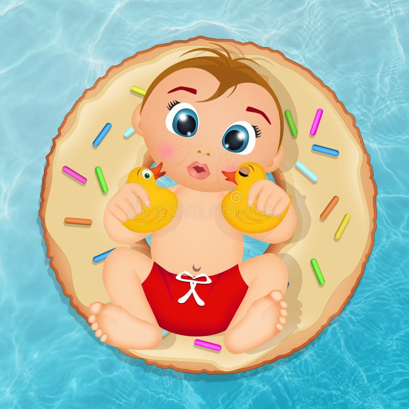Baby Lying on Donut Mat in Summer Stock Illustration - Illustration of ...