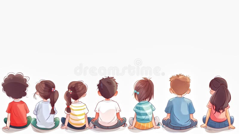 Illustration Back View of Children Group Sitting Together with C Stock ...