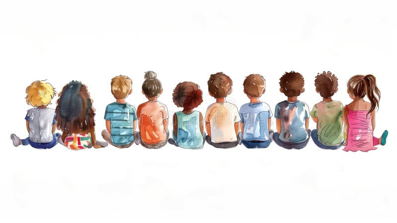 Illustration Back View of Children Group Sitting Together with C Stock ...
