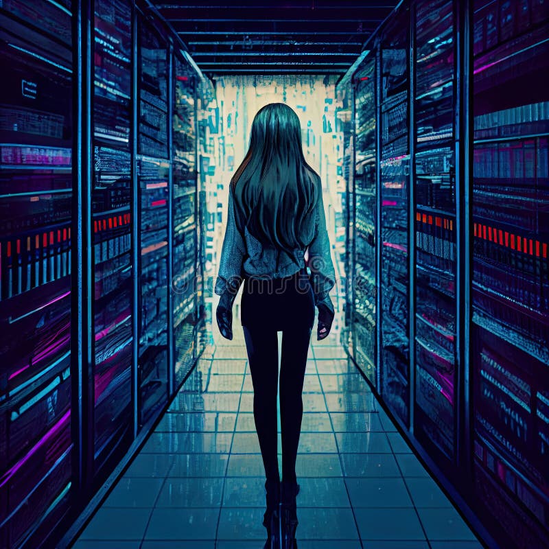 Illustration of Back View of Young Woman Stands in Server Room at Data ...