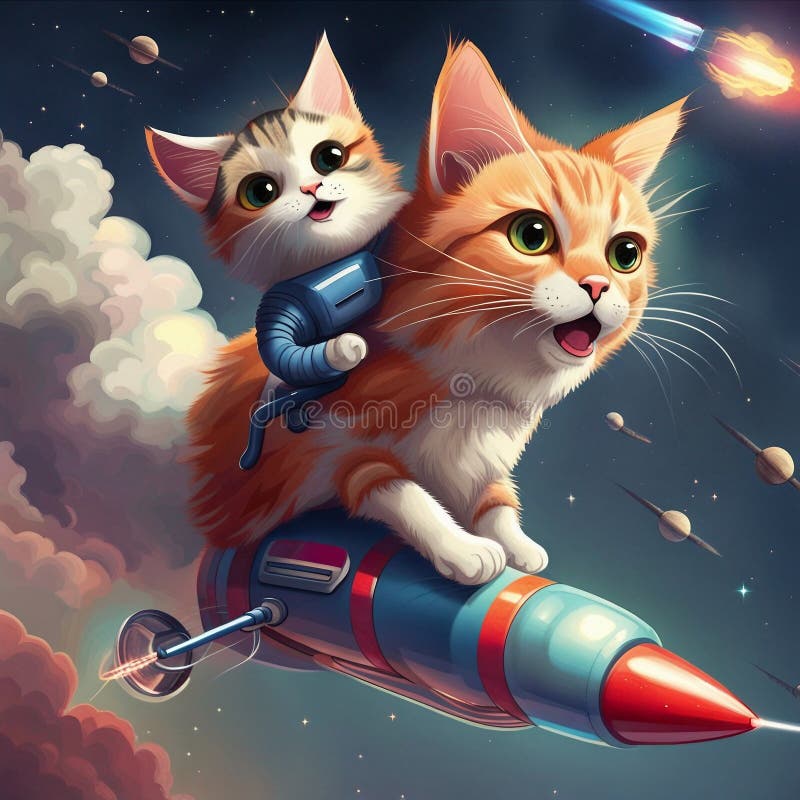 Cat Riding a Rocket Vector Illustration Stock Vector - Illustration of ...