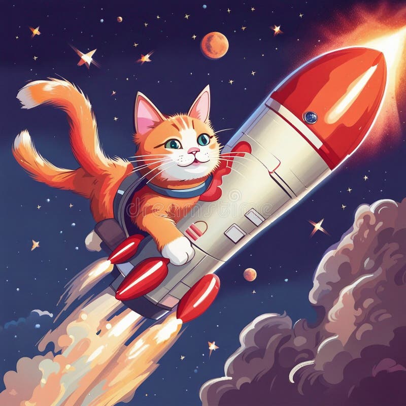 Illustration Background of a Cat Riding a Flying Rocket Stock ...