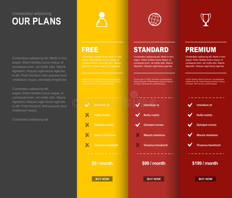 Price Comparison Table. Vector Illustration. Chart Plan Template Stock ...