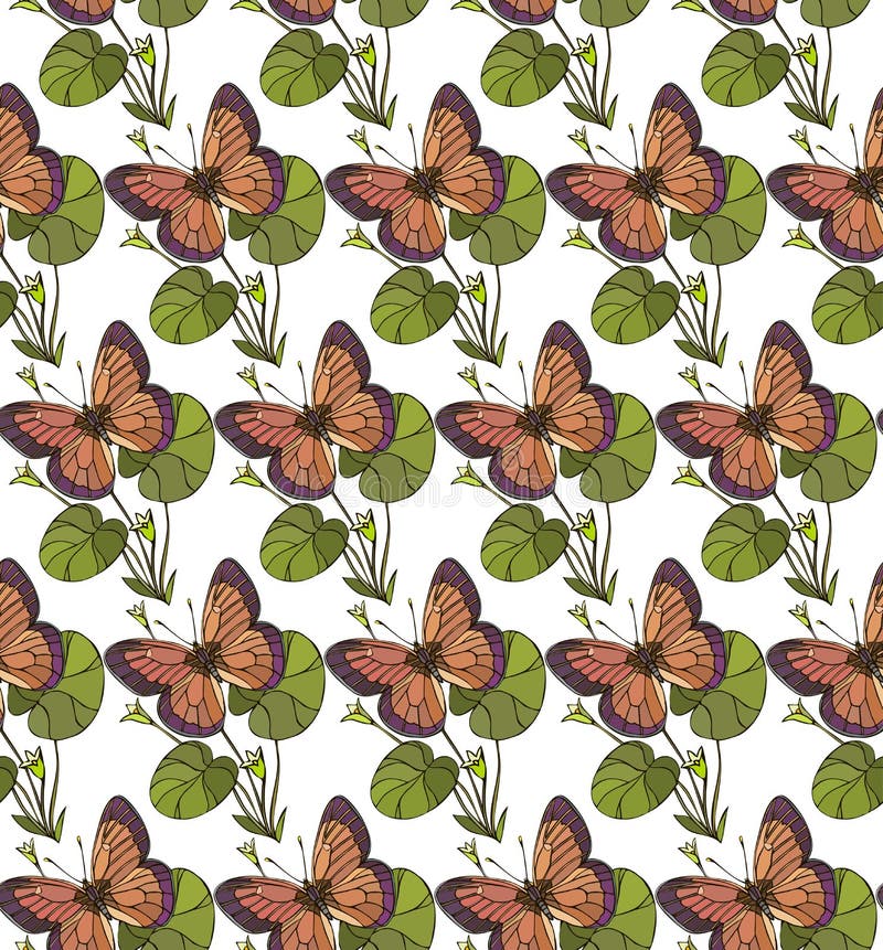 Background Seamless Pattern with Butterflies Leaves and Grass Stock ...