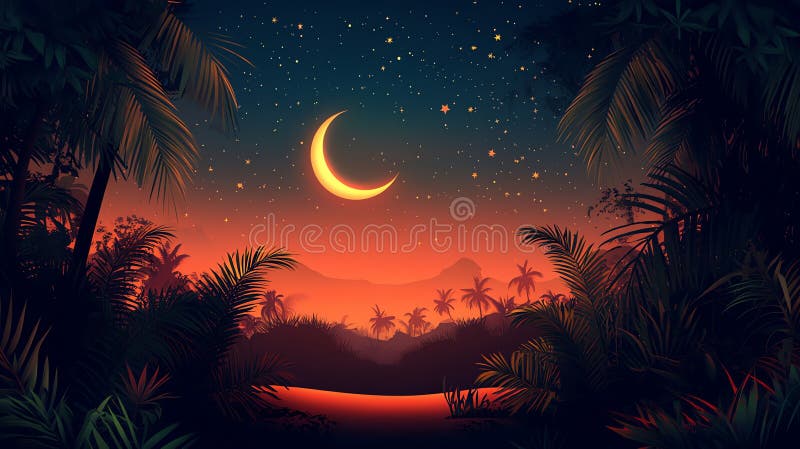 Illustration Background - Tropical Night Jungle Crescent Moon and Stars ...