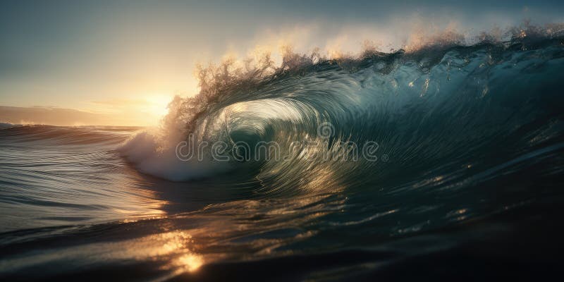 A Backlit Curling Wave at Dawn Stock Illustration - Illustration of ...