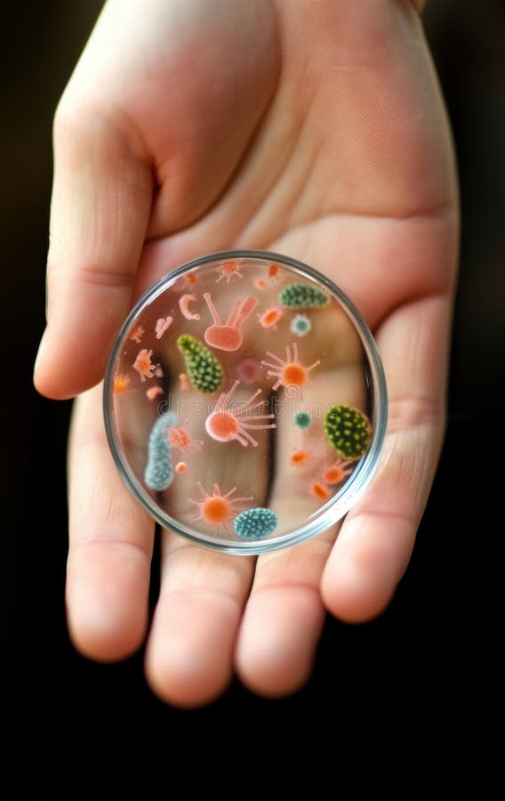 Human Hand Displaying Various Microorganisms Stock Illustration ...