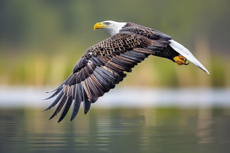 A Bald Eagle Flies Over Water with Reflection, High Quality, High ...