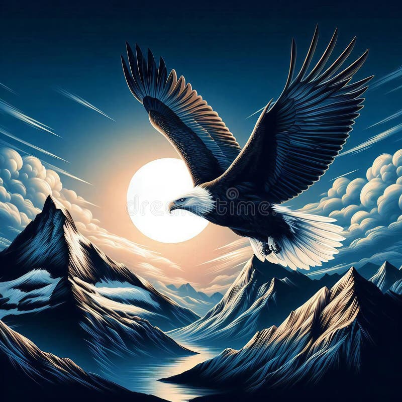 An Illustration of a Bald Eagle in Flight with a Full Moon Backdrop and ...