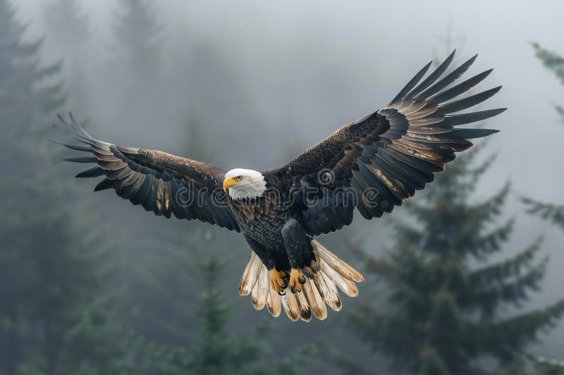 Illustration of Bald Eagle in Flight Over the Forest, High Quality ...