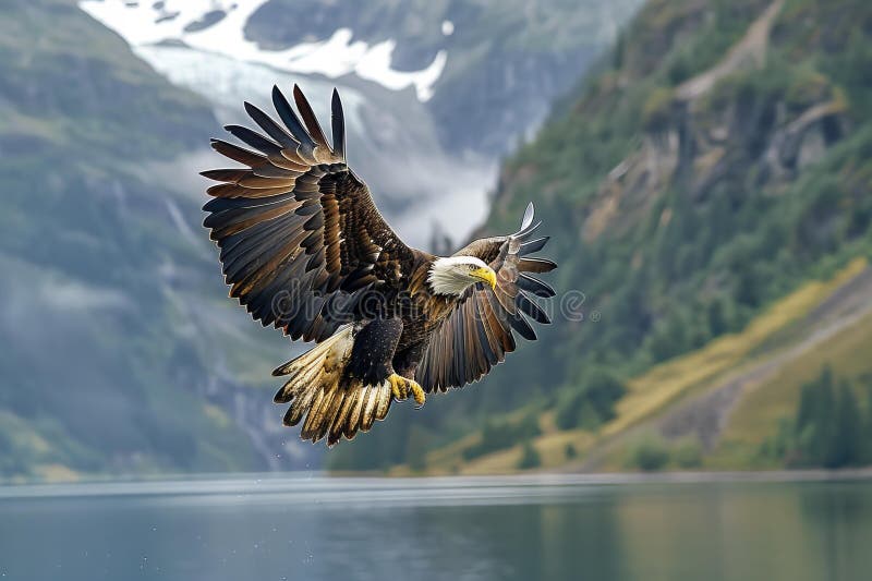 A Bald Eagle is Flying Over Bodies of Water between Mountains Stock Illustration - Illustration ...