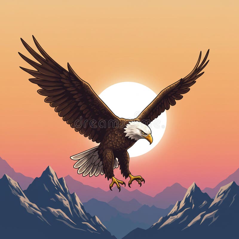 Illustration of a Bald Eagle Soaring Above Rocky Mountains at Sunset. the Eagle Stock ...