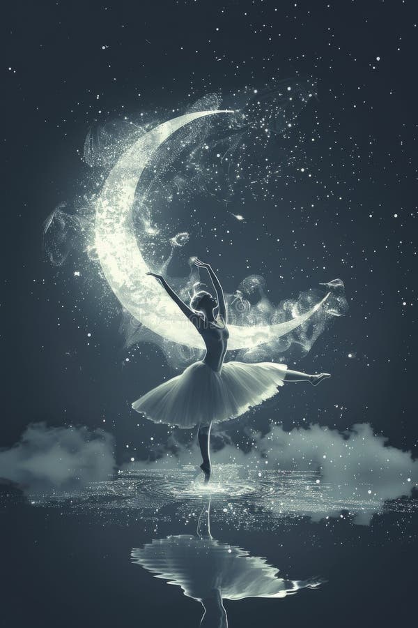 Illustration of Ballerina Dancing at Night with Moon on Background ...