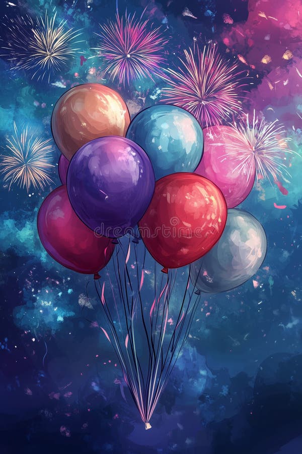Illustration of Balloons Flying with Fireworks. by Generative Ai Stock ...