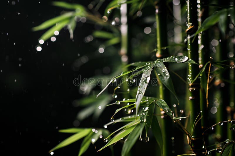 Bamboo with Rain Drops on Black Background, Shallow Depth of Field ...