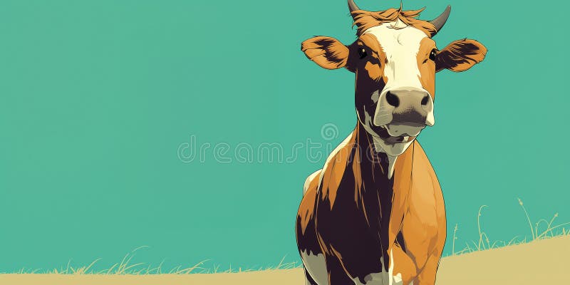 Illustration Banner Copy Space Cow on Sky and Field Background Stock ...