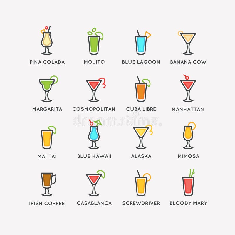 Illustration for Bar Menu Set Alcoholic Cocktails. Vector Linear ...