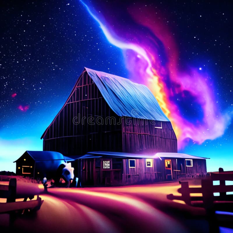 Illustration of a Barn at Night with a Lightning in the Sky AI ...