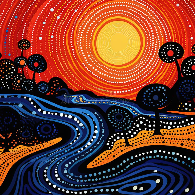 Aboriginal Art Painting with Tree and Sun Illustration with Dot ...