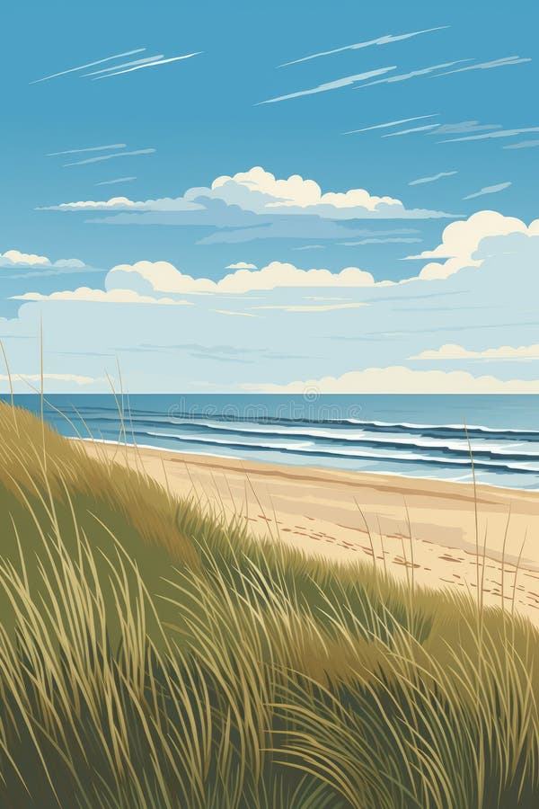 An Illustration of a Beach with Grass and Waves Stock Illustration ...