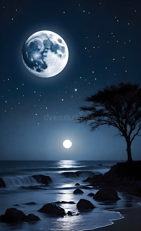 Beach by Night with a Full Moon in the Sky Stock Illustration ...