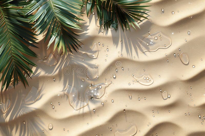 Beach Sand Texture with Palm Leaf Shadow and Water Drops, Top View ...