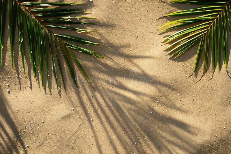 Beach Sand Texture with Palm Leaf Shadow and Water Drops, Top View ...