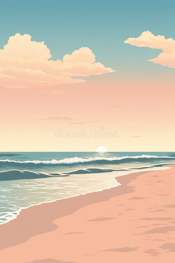 An Illustration of a Beach Scene with the Sun Setting Over the Ocean ...