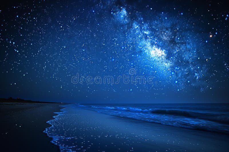 Illustration of the Beach and Stars Under the Sky and Ocean, High ...