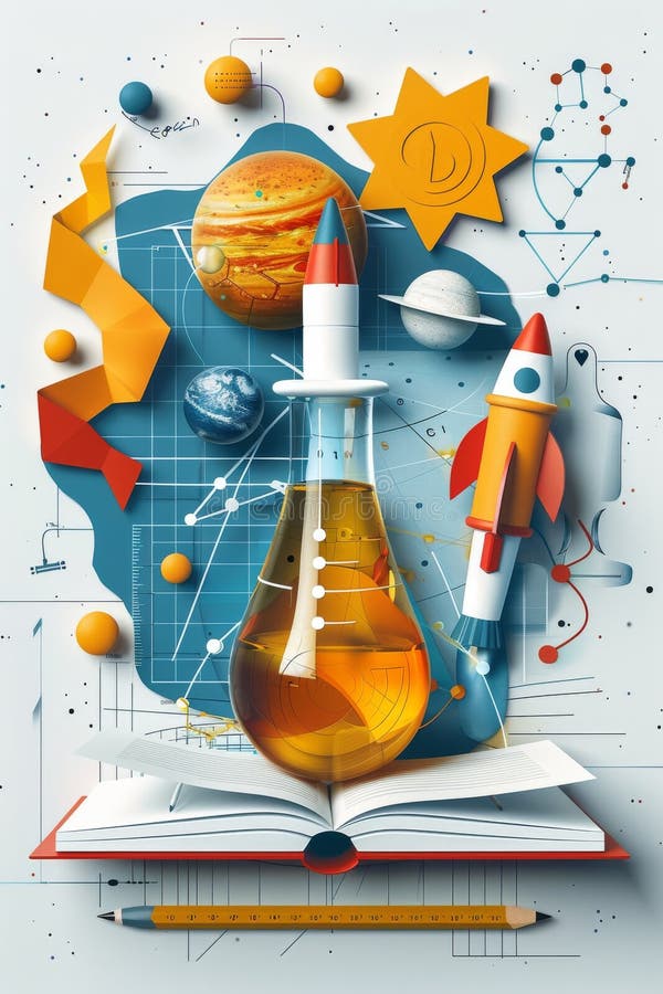 Illustration of Beaker, Rocket, Sun, Planets on a Book. Great for Back ...