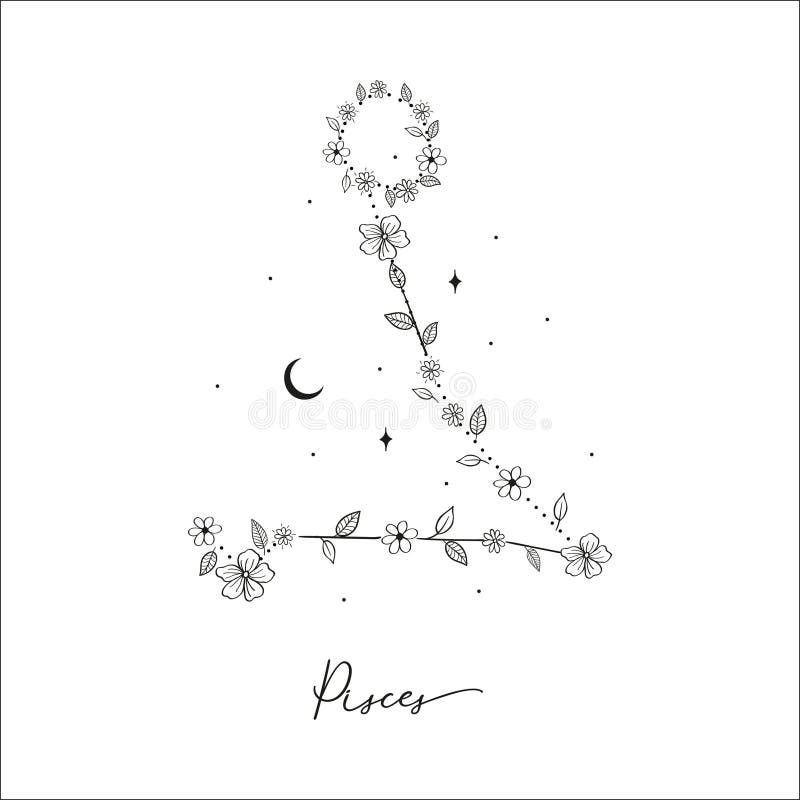 Pisces Constellation with Hand Drawn Doodle Flowers, Leaves, Florals ...