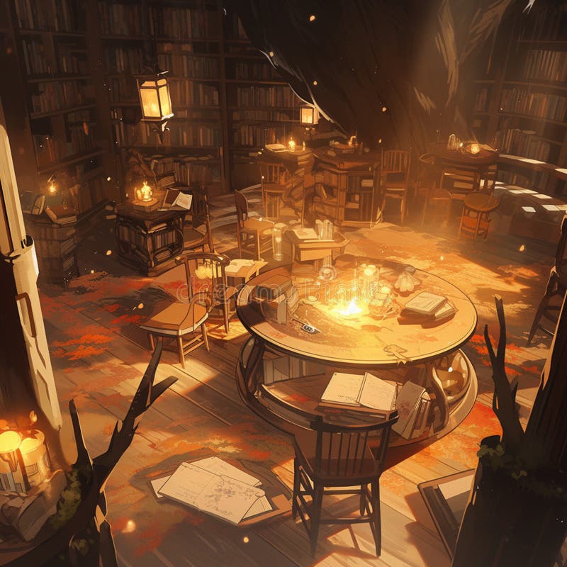 A Fantasy Library Anime Illustration. a Beautiful View of Library in ...